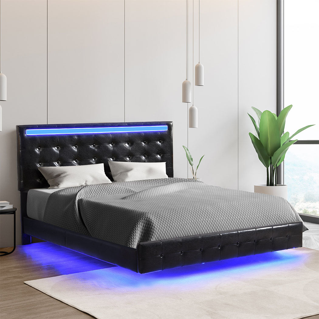 Floating Bed Frame Double with Headboard LED Lights Mattress Base – Levede