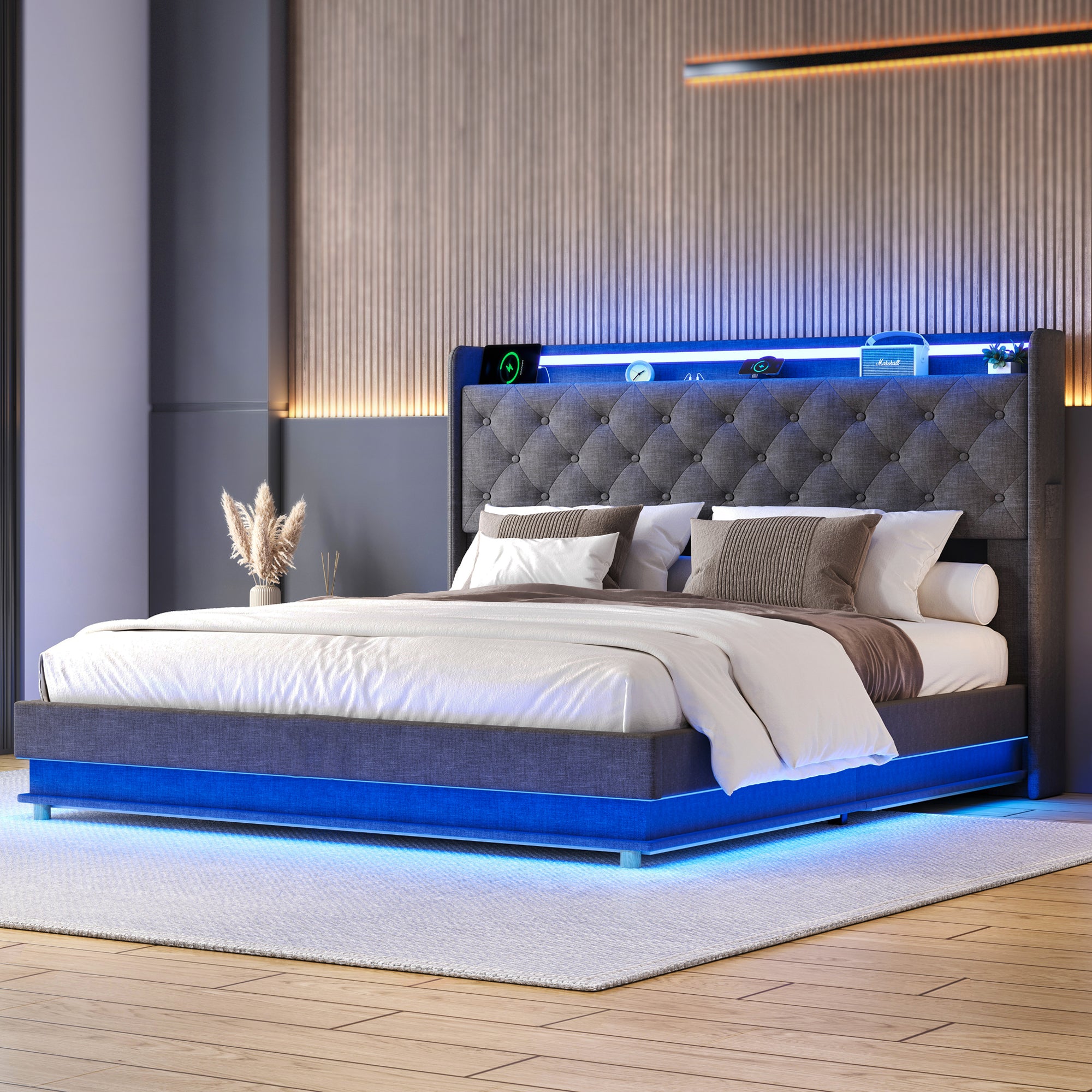 Double LED Bed Frame with Gas Lift & USB Ports – Levede