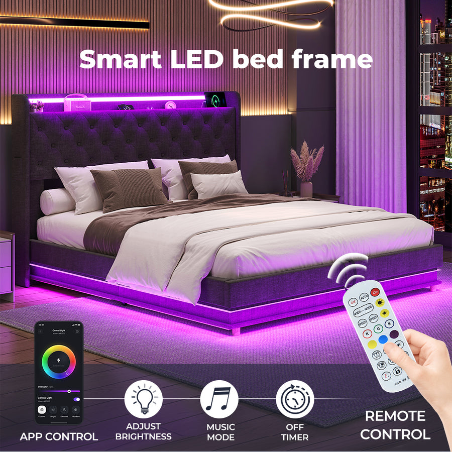 Double LED Bed Frame with Gas Lift & USB Ports – Levede
