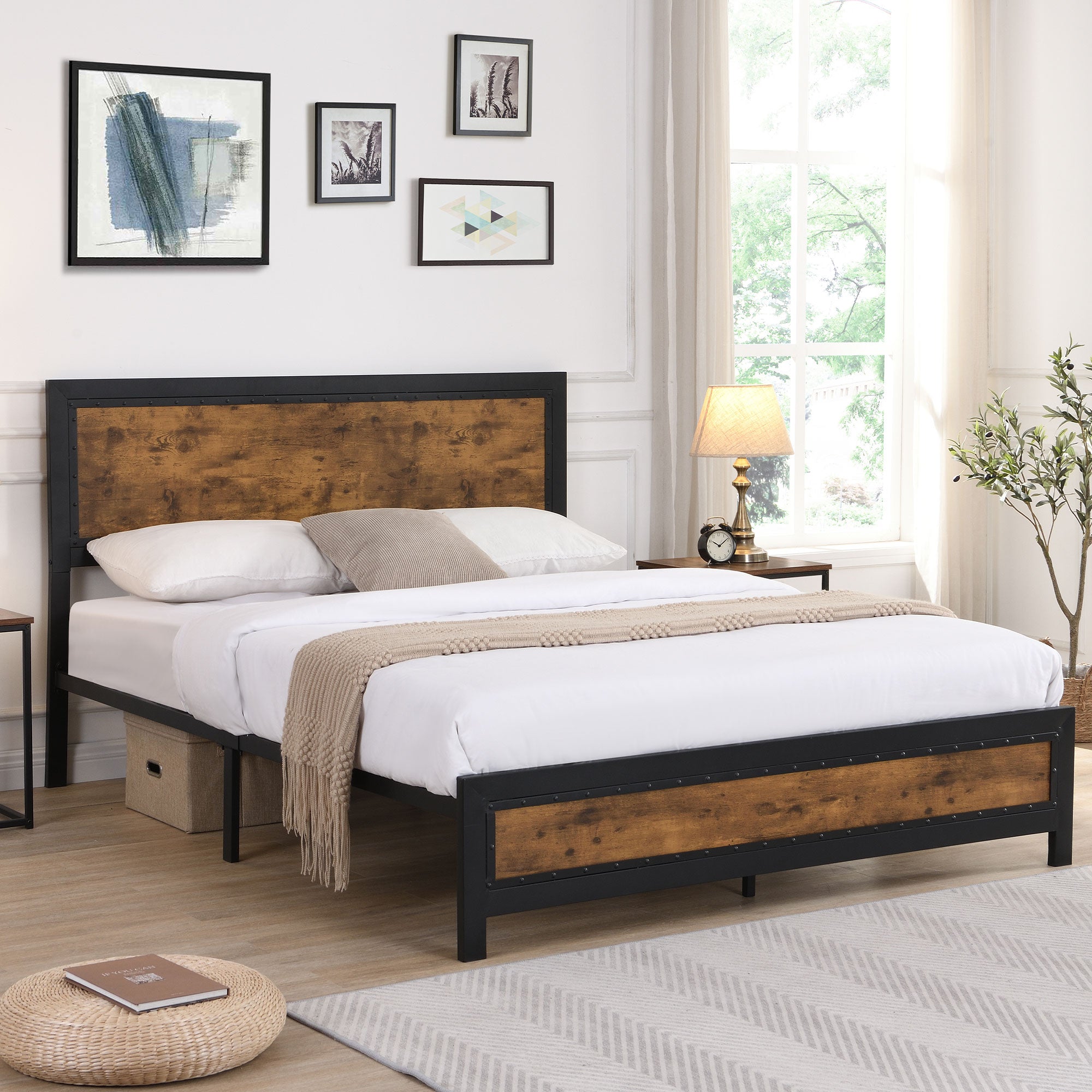 Double Metal Bed Frame with Rustic Wood Finish – Levede