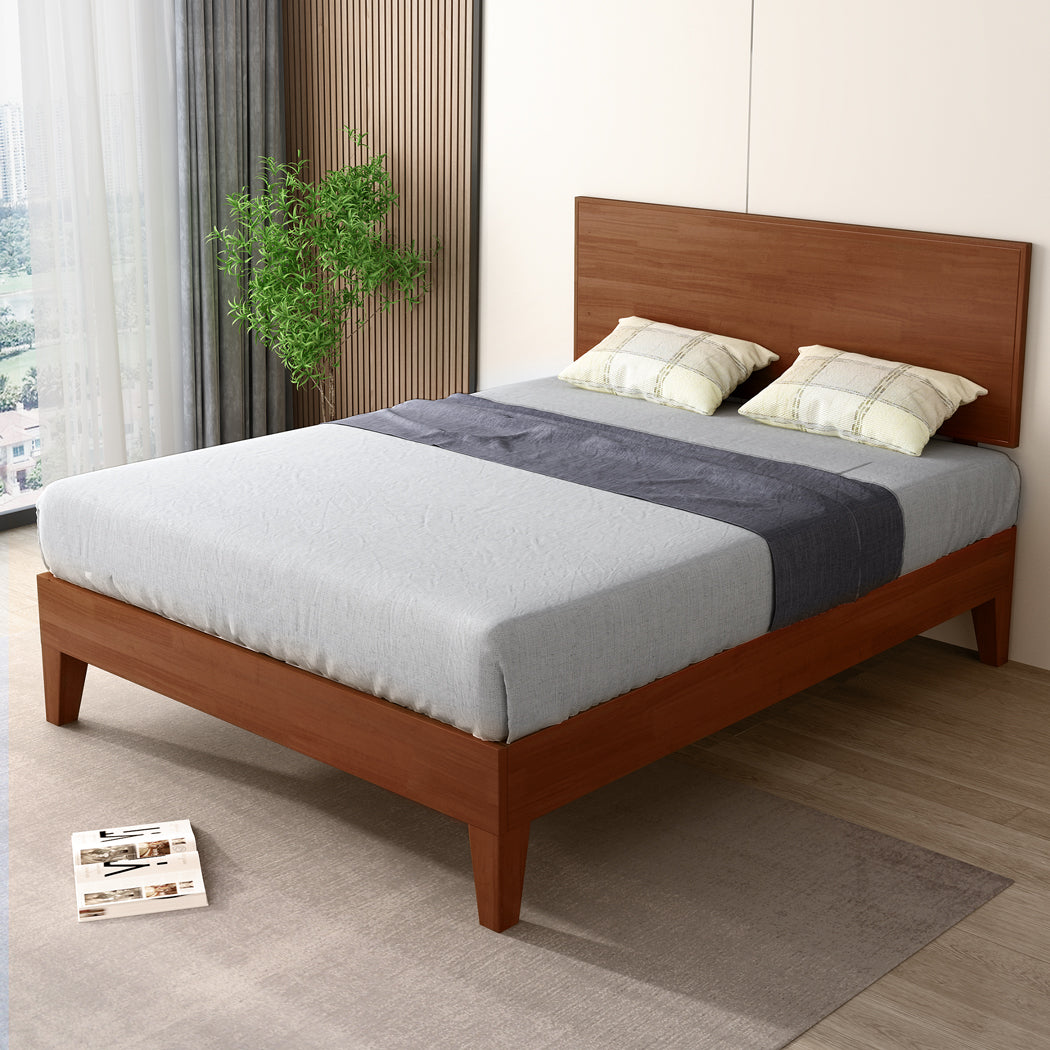 Double Wooden Bed Frame with Walnut Headboard – Levede